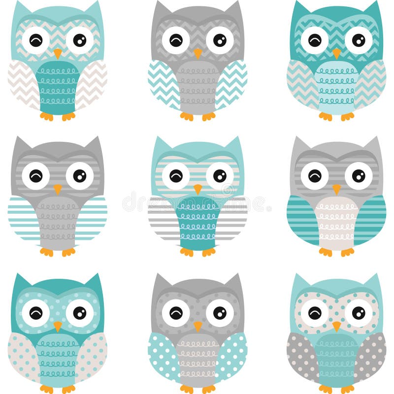 Aqua Grey Cute Owl Collections Stock Vector - Illustration of clipart ...