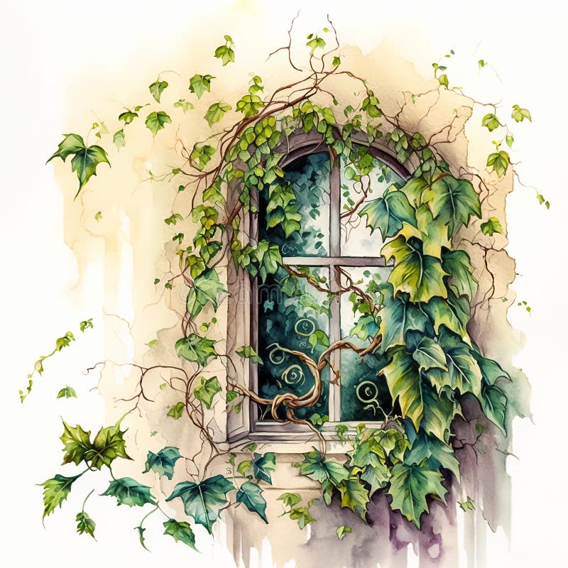 Aquarellbild Eines Fensters Mit Efeu an Der Wand. Generative Hilfe ...