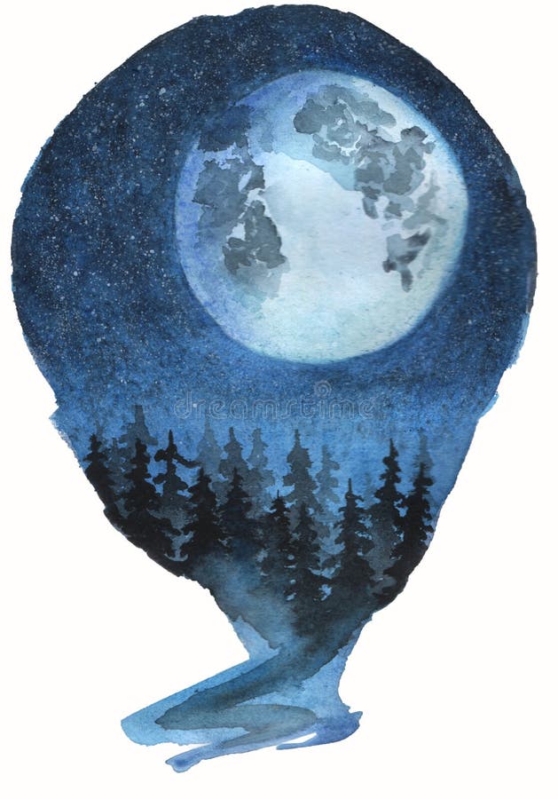 Aquarelle Art Nuit Ciel étoiles Galaxie Arbres Contre Le Ciel Nuit Pleine Lune Arbre Sur Fond De