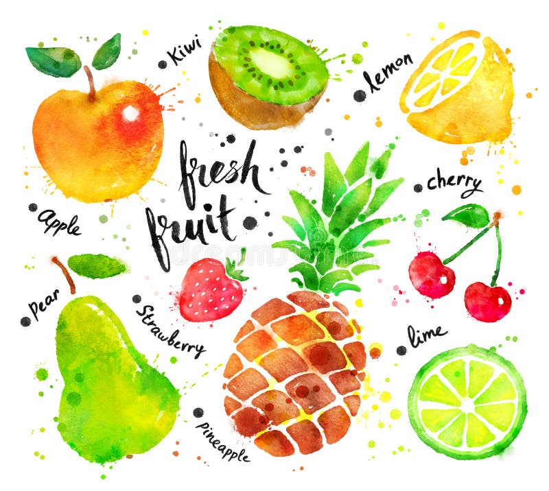 Aquarellsatz Frucht stock abbildung. Illustration von abbildung - 79356819