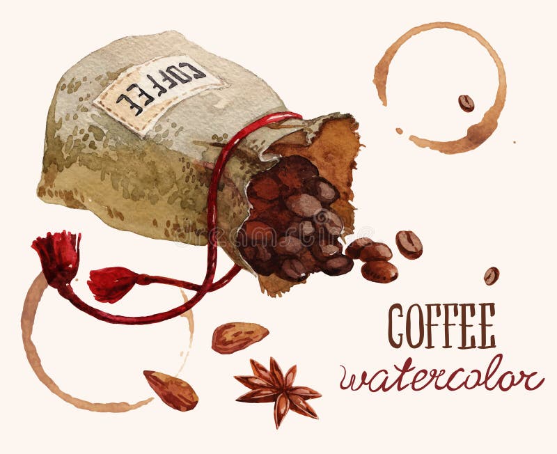 Aquarell-Kaffeetasse Mit Kaffeebohnen Vektor Abbildung - Illustration ...