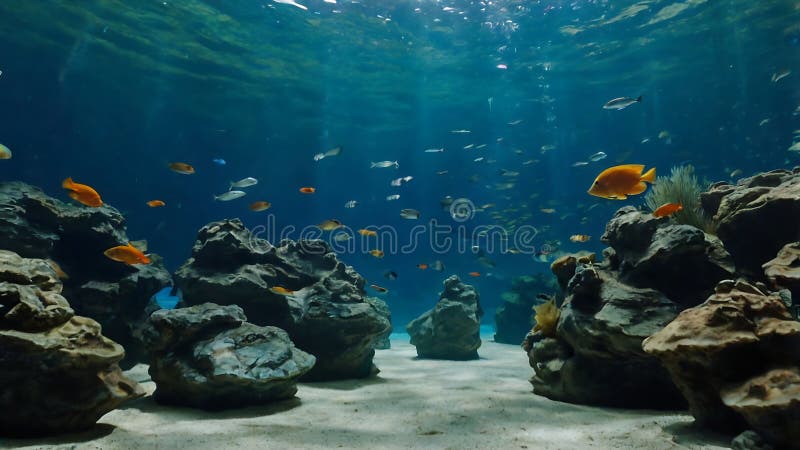 An Aquarium with Bright Fish Swimming among Green Algae and Decorative ...