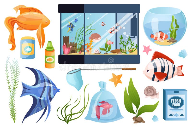Aquarium Set Graphic Elements in Flat Design. Vector Illustration Stock ...