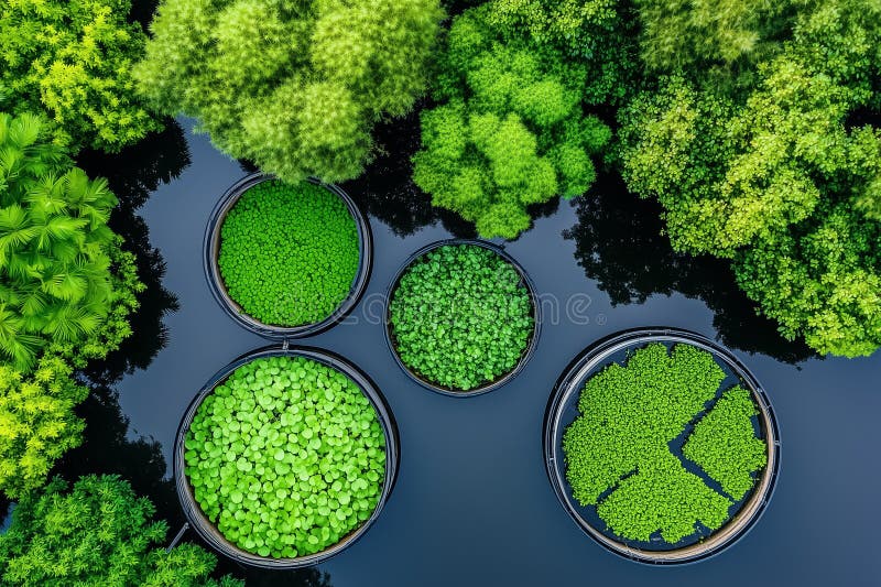 Aquatic Plants Grow in Circular Pools on Still Water Surface. Lush ...