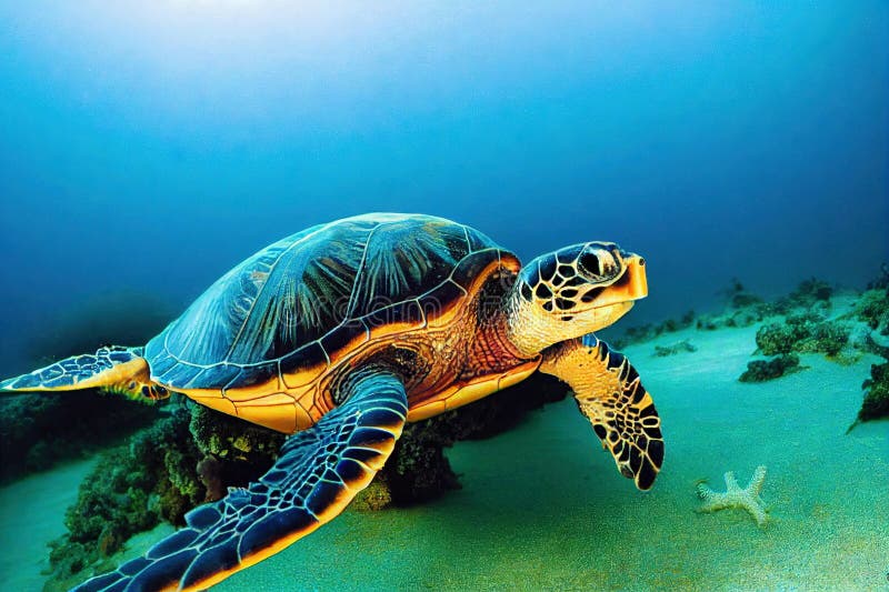 Aquatic Sea Turtle Swimming In Blue Water Stock Illustration