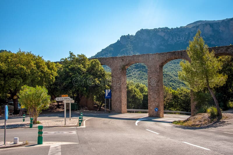Aqueduct Over the Road in the Mountains of Mallorca, Spain Stock Photo ...