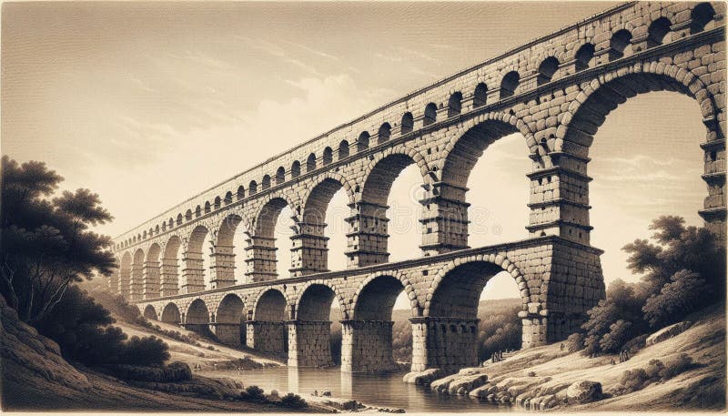 Ancient Aqueduct Construction Drawing on a Vintage Background Original ...