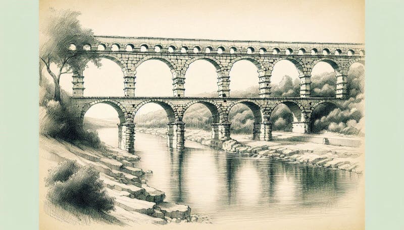 Ancient Aqueduct Construction Drawing on a Vintage Background Original ...
