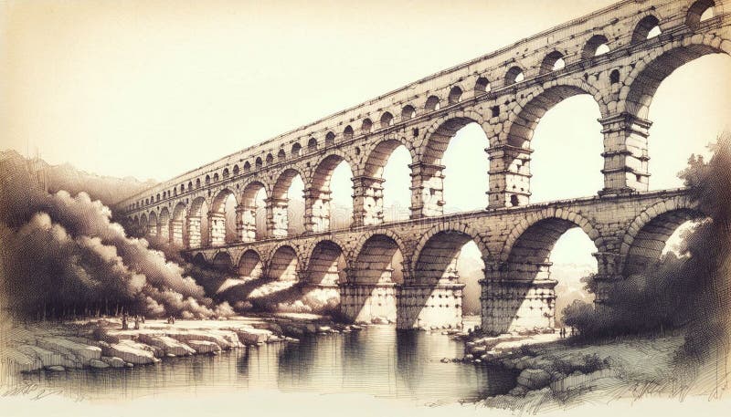 Ancient Aqueduct Construction Drawing on a Vintage Background Original ...