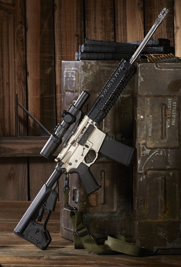 AR15 Rifle With Grenade Launcher On The Wooden Floor Stock Photo ...