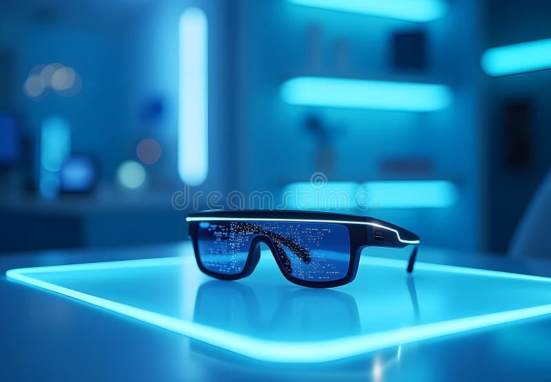 AR Smart Glasses on Illuminated Table in Futuristic Room Stock ...
