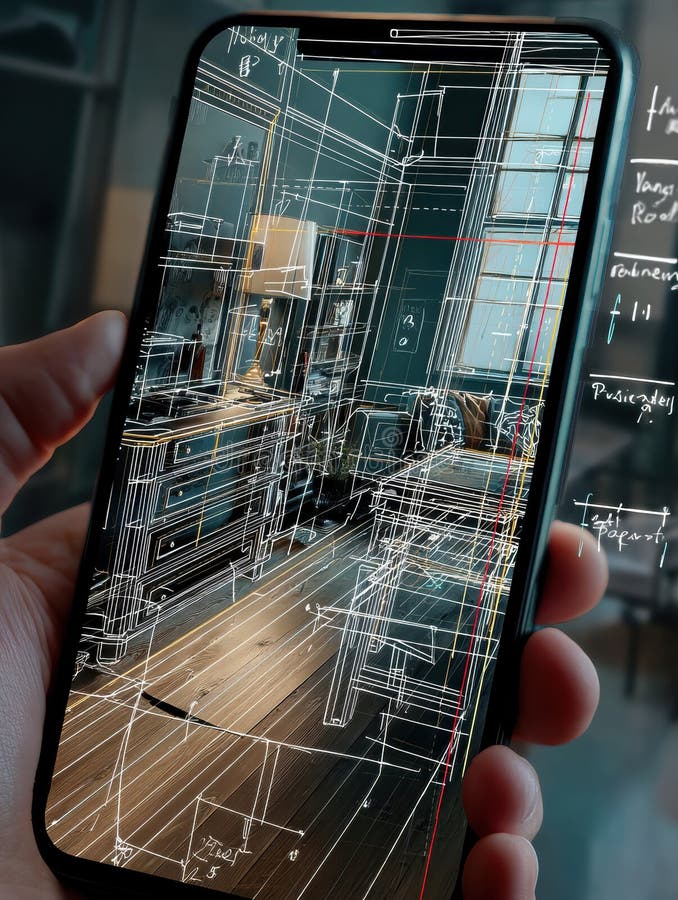 AR Wireframe Overlay on Smartphone Displaying Interior Design Layout in ...