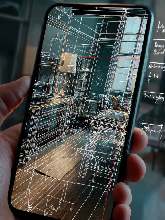 AR Wireframe Overlay on Smartphone Displaying Interior Design Layout in ...