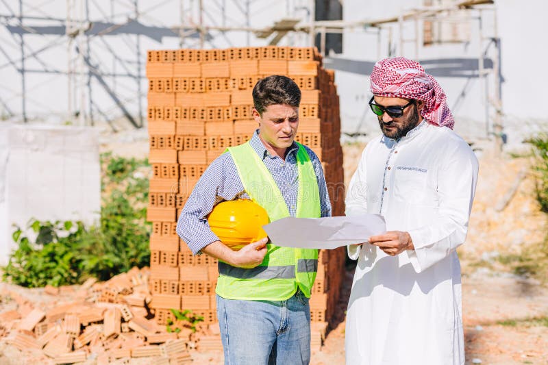 Arab Business Man Working with American Engineer Builder Construction ...