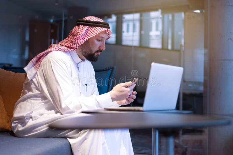Arab Businessman Worker Works in Computer on the Workplace in the ...
