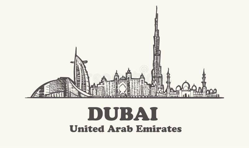 Arab Emirates Dubai Skyline Hand Drawn. Dubai Vector Illustration Stock ...