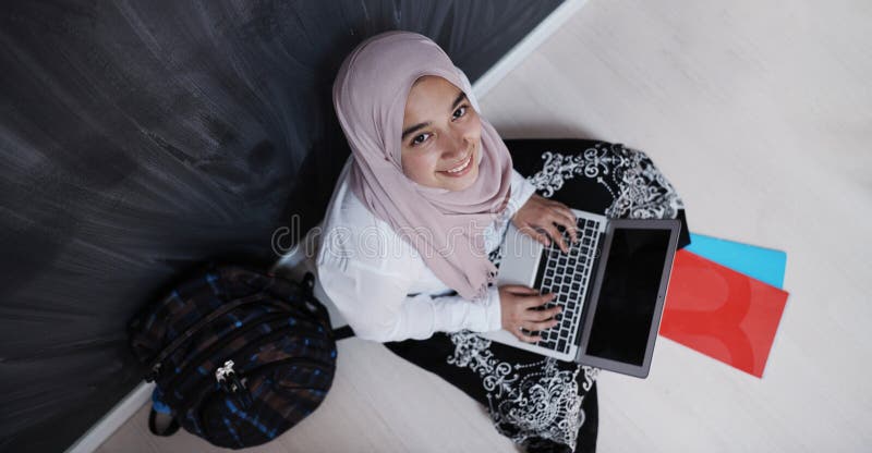 Arab Female Student Working on Laptop from Home Stock Image - Image of ...