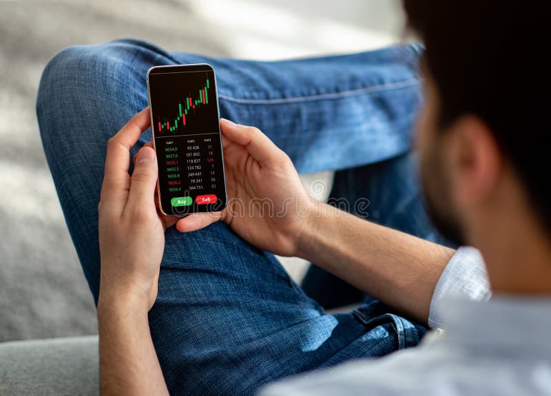 Arab Guy Using Trading Application on Mobile Phone, Collage Stock Image ...