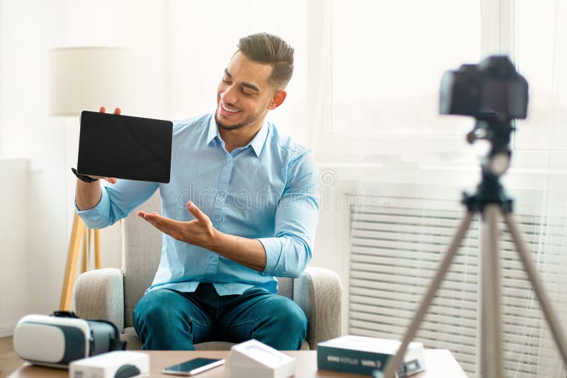 Arab Guy Vlogger Making Video Review of Innovative Tablet Pc, Using ...