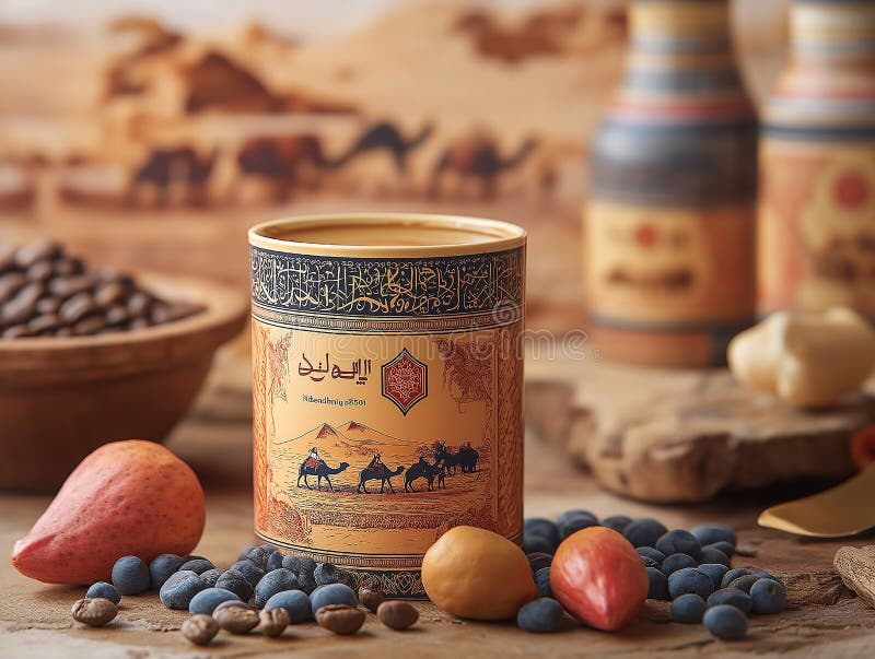 Arab-Inspired Coffee Cup with Traditional Design and Coffee Beans Stock ...