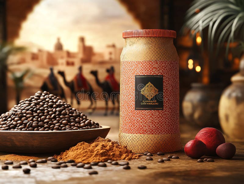 Arab-Inspired Coffee Cup with Traditional Design and Coffee Beans Stock ...