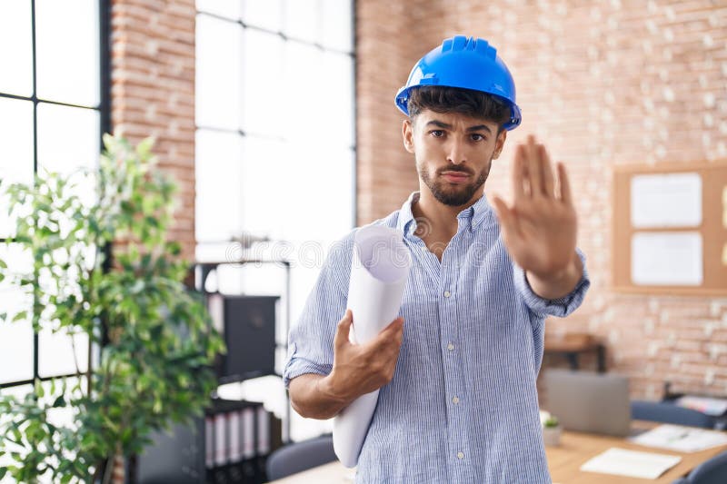 Arab Man with Beard Wearing Architect Hardhat at Construction Office ...