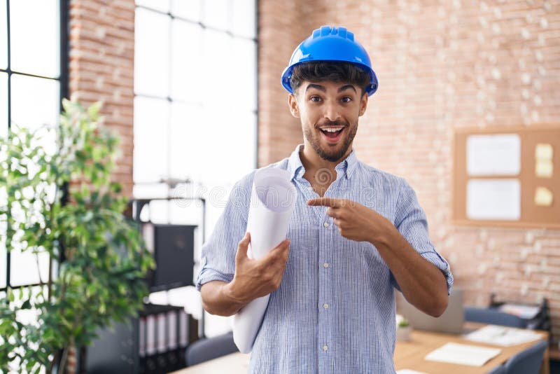 Arab Man with Beard Wearing Architect Hardhat at Construction Office ...
