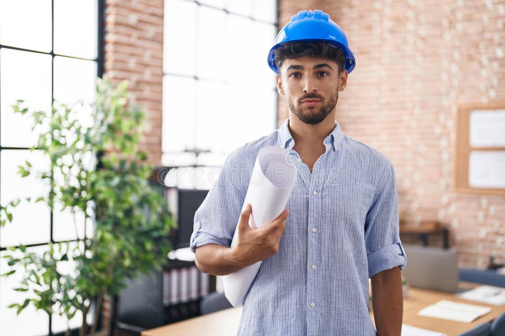 Arab Man with Beard Wearing Architect Hardhat at Construction Office ...