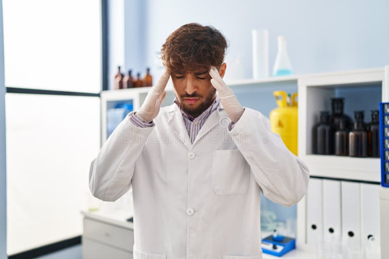 Arab Man with Beard Working at Scientist Laboratory with Hand on Head ...