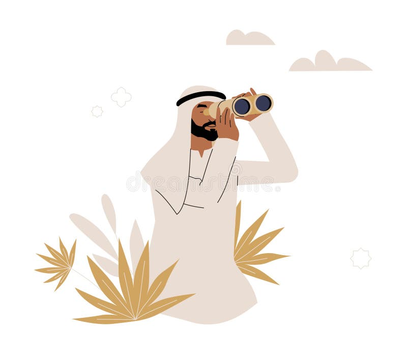 Arab Man with Binoculars in Flat Vector Illustration Symbolizing Search ...