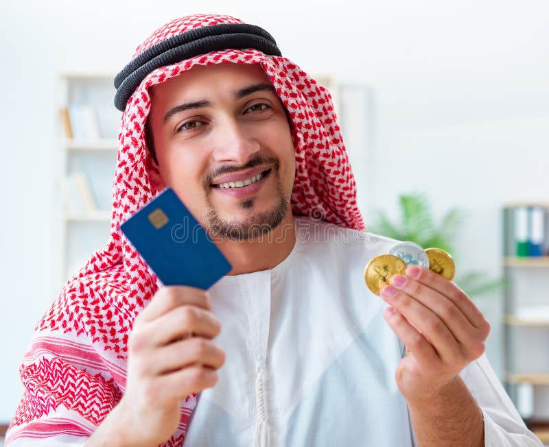 Arab Man with Bitcoin in Cryptocurrency Mining Concept Stock Photo ...
