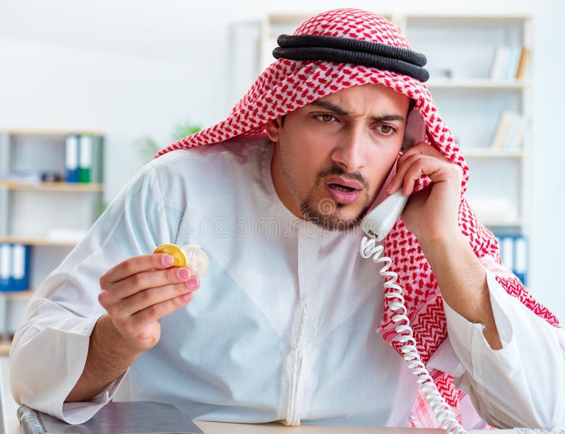 Arab Man with Bitcoin in Cryptocurrency Mining Concept Stock Photo ...