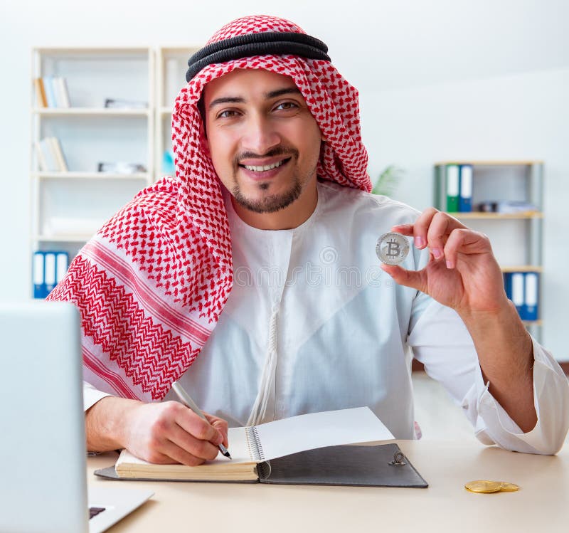 Arab Man with Bitcoin in Cryptocurrency Mining Concept Stock Photo ...