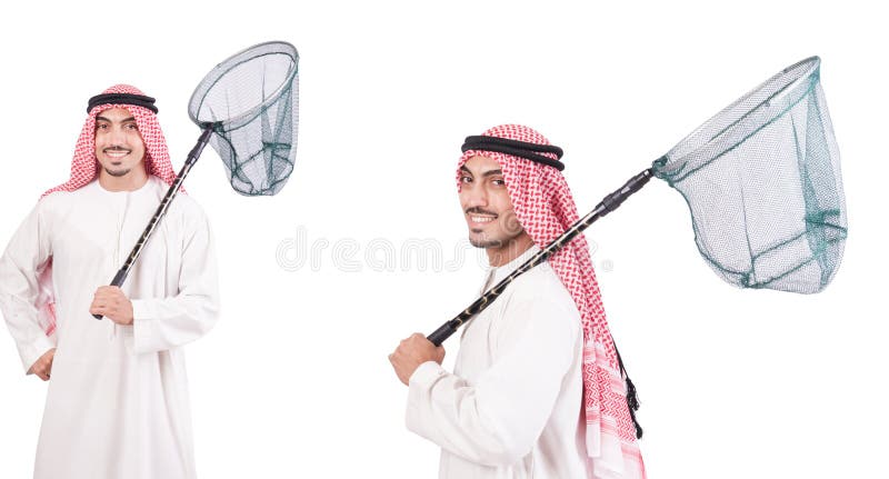 The Arab Man with Catching Net Isolated on White Stock Photo - Image of ...
