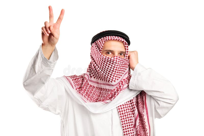 Arab Man with Covered Face Gesturing Victory Stock Image - Image of ...