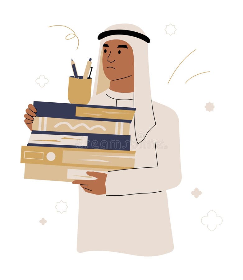 Arab Man Holding a Stack of Books and Office Supplies in Flat Vector ...