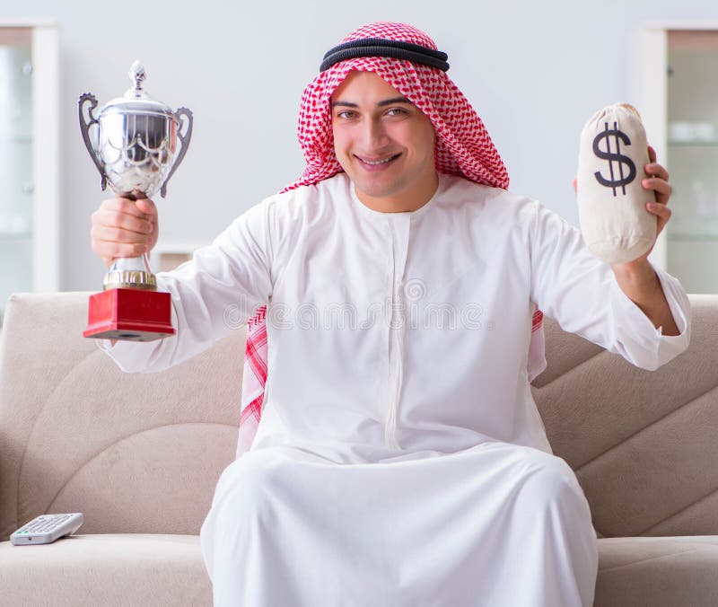 Arab Man with Prize and Money on Sofa Stock Image - Image of arabian ...