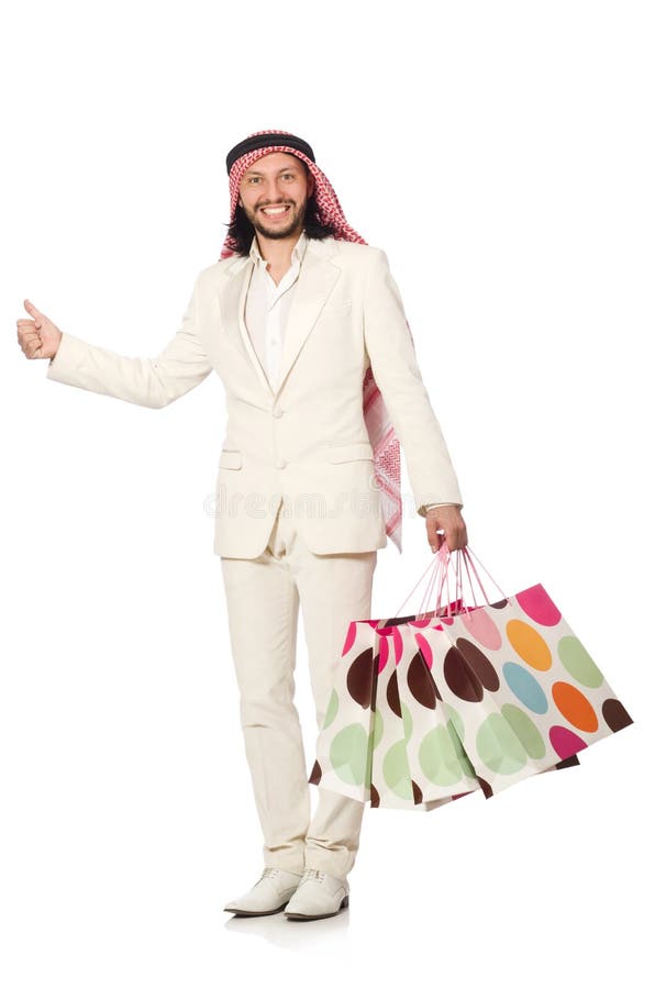 Arab Man with Shopping Bags on White Stock Image - Image of arab ...