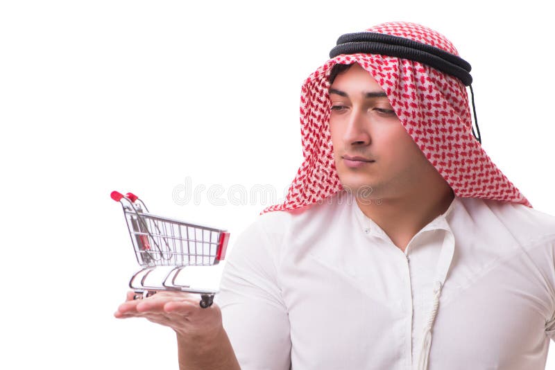 The Arab Man with Shopping Cart Isolated on White Stock Photo - Image ...