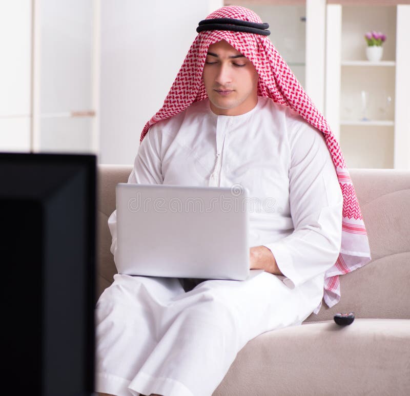 Arab Man Watching Tv at Home Stock Image - Image of house, enjoyment ...