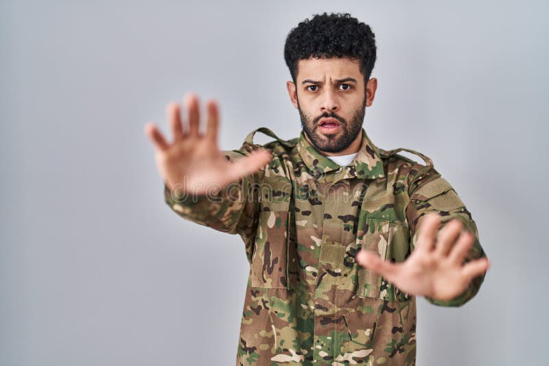 Arab Man Wearing Camouflage Army Uniform Doing Stop Gesture with Hands ...