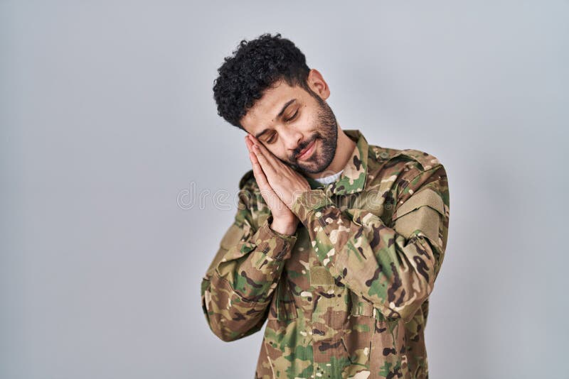 Arab Man Wearing Camouflage Army Uniform Sleeping Tired Dreaming And