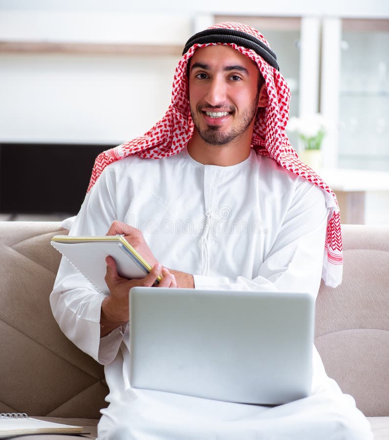 Arab Man Working at Home on His Work Stock Photo - Image of happy ...