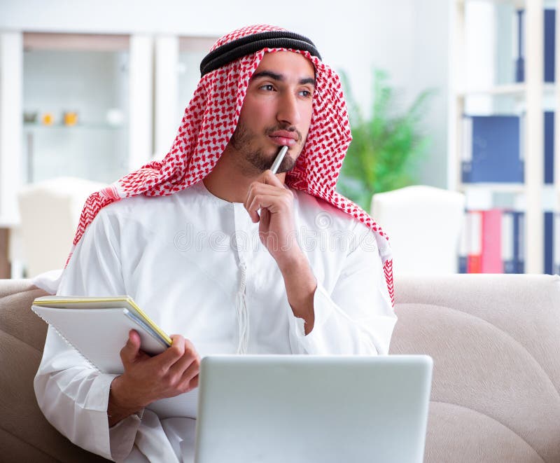Arab Man Working at Home on His Work Stock Image - Image of employee ...