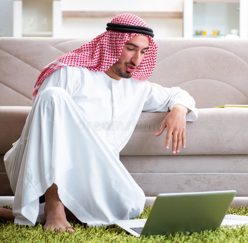 Arab Man Working at Home on His Work Stock Image - Image of islamic ...