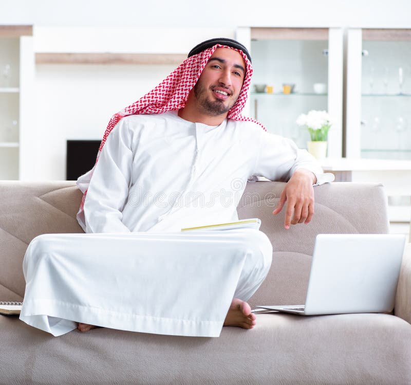 Arab Man Working at Home on His Work Stock Image - Image of islamic ...