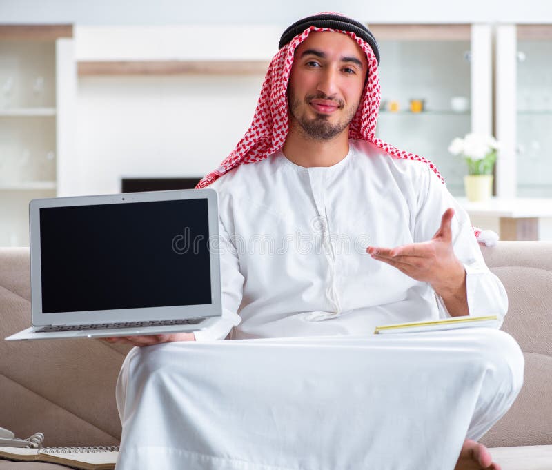 Arab Man Working at Home on His Work Stock Image - Image of computer ...