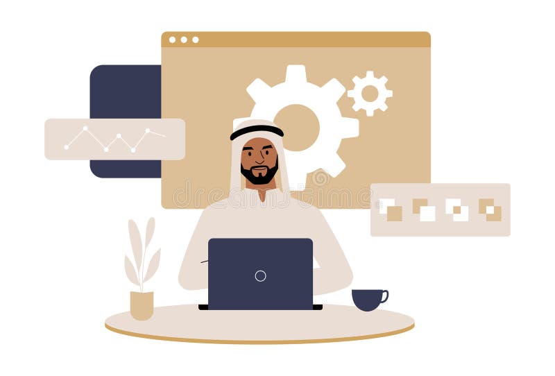 Arab Man Working on Laptop in Flat Vector Illustration Symbolizing ...