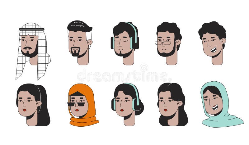 Arab Middle Eastern 2D Linear Cartoon Character Faces Set Stock Vector ...