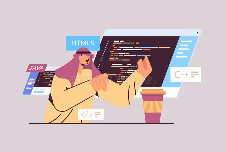 Arab Programmer Writing Code for Computer App Engineering Software ...